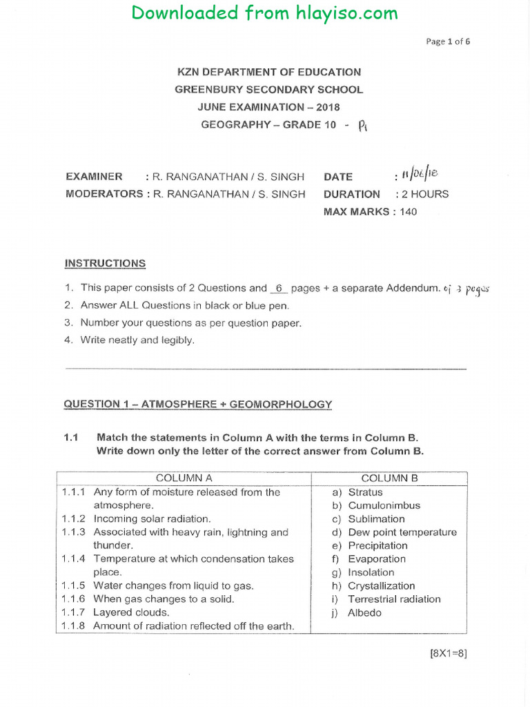 GEO JUNE-P1-QP and MEMO-5 - Hlayiso - Com | PDF
