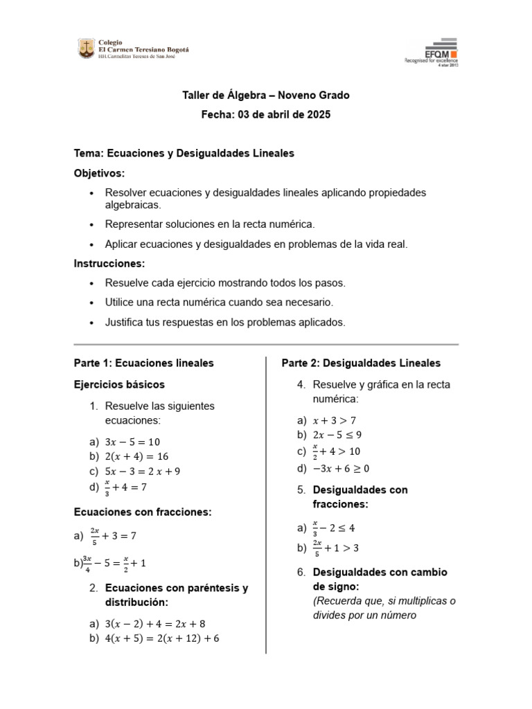 Taller II - ECUACIONES Y DESIGUALDADES LINEALES | PDF | Desigualdad (Matemáticas) | Ecuaciones