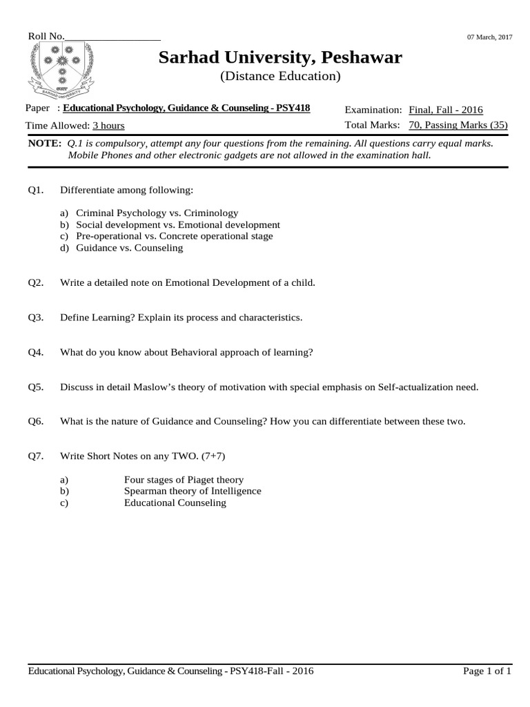 Https WWW - Suit.edu - PK v2 Uploads Past Papers Educational Psychology ...
