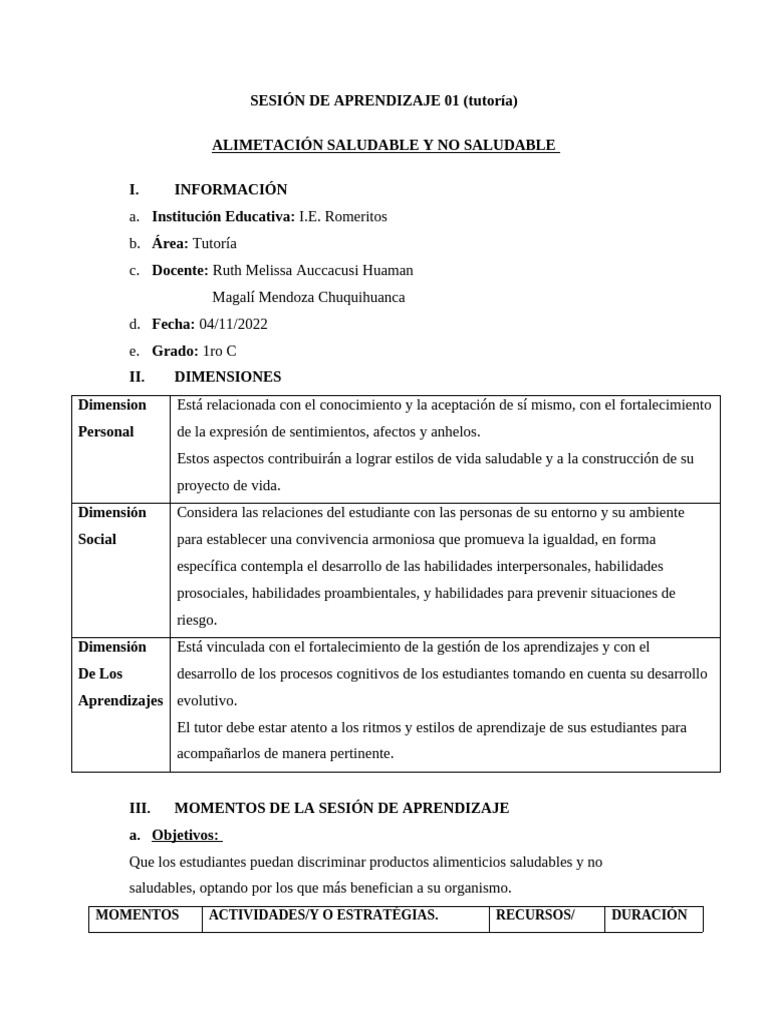 Tutoria Sesión de Aprendizaje 01 | PDF | Aprendizaje | Alimentos
