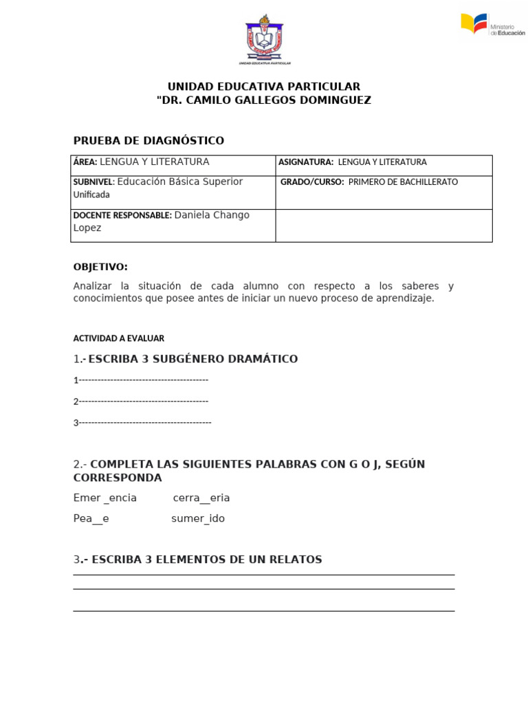Prueba Diagnóstica Lengua y Literatura | PDF