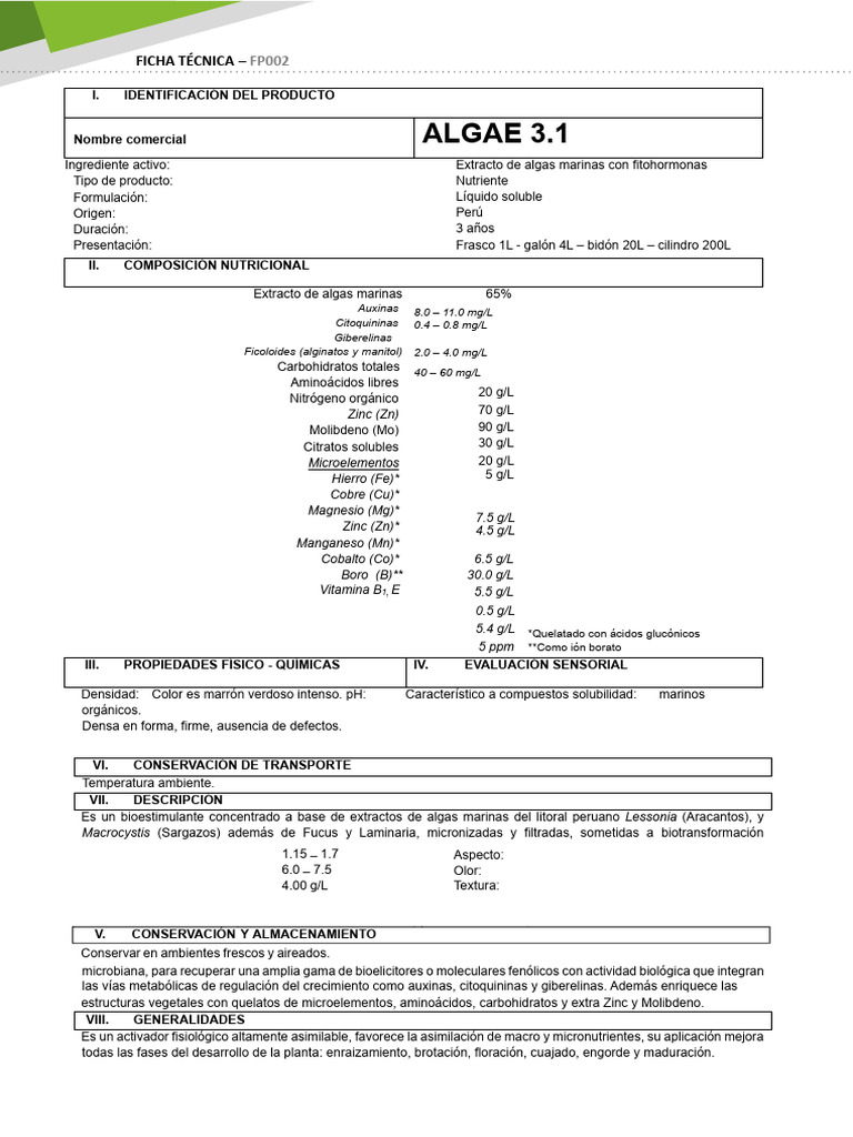 Ficha Tecnica Algae 3.1 Top - Fertimex | PDF | Auxina | Biología