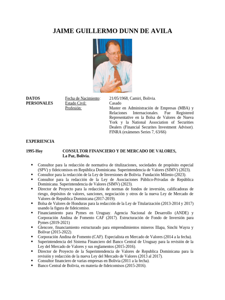 Curriculum JAIME DUNN DE AVILA | PDF | Puesta en seguridad | Bolsa