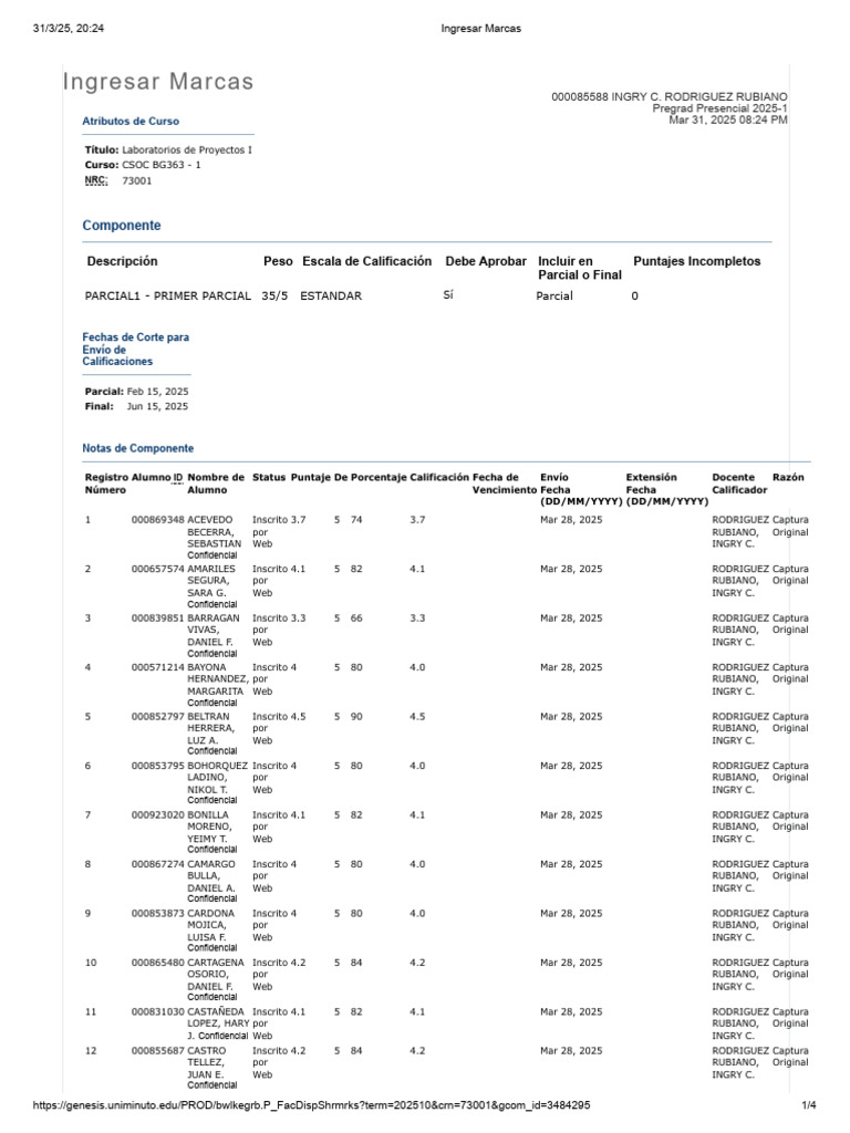 Notas Genesis Primer Corte Lab I 2025 - 10 | PDF