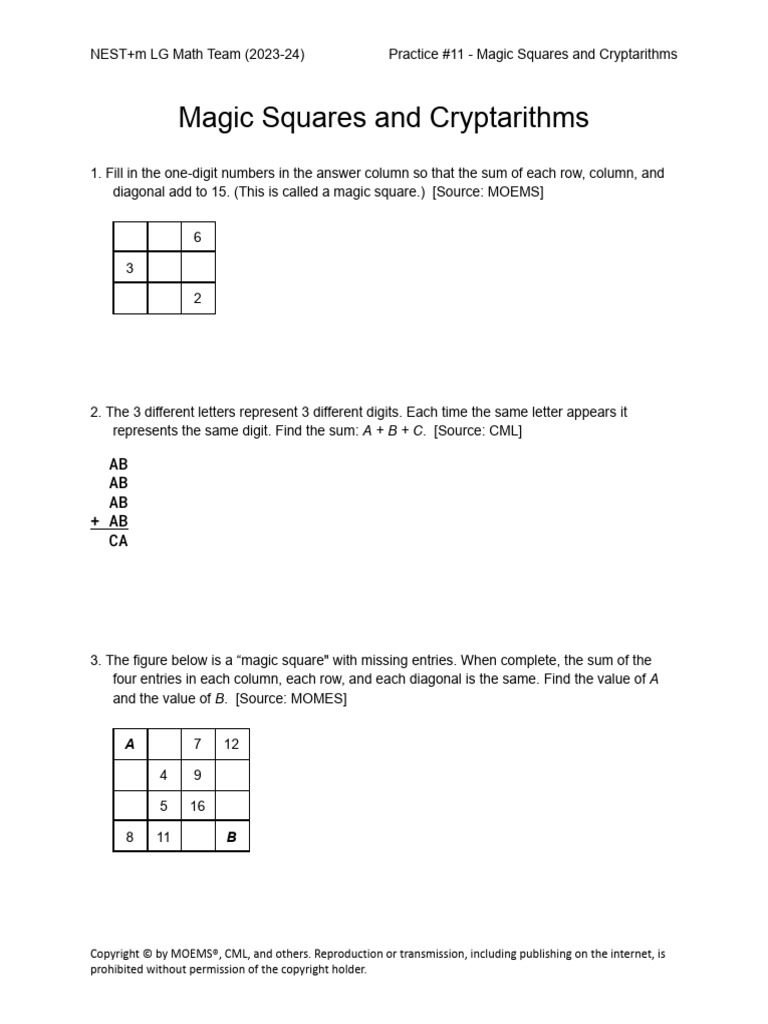 Bella Ke - 11 - Magic Squares and Cryptarithms | PDF | Mathematics | Algebra