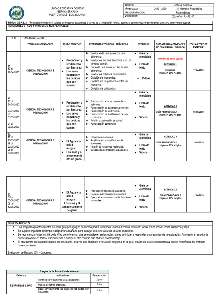 Plan Iii Lapso Matematica 2do Año | PDF | Factorización | Aprendizaje