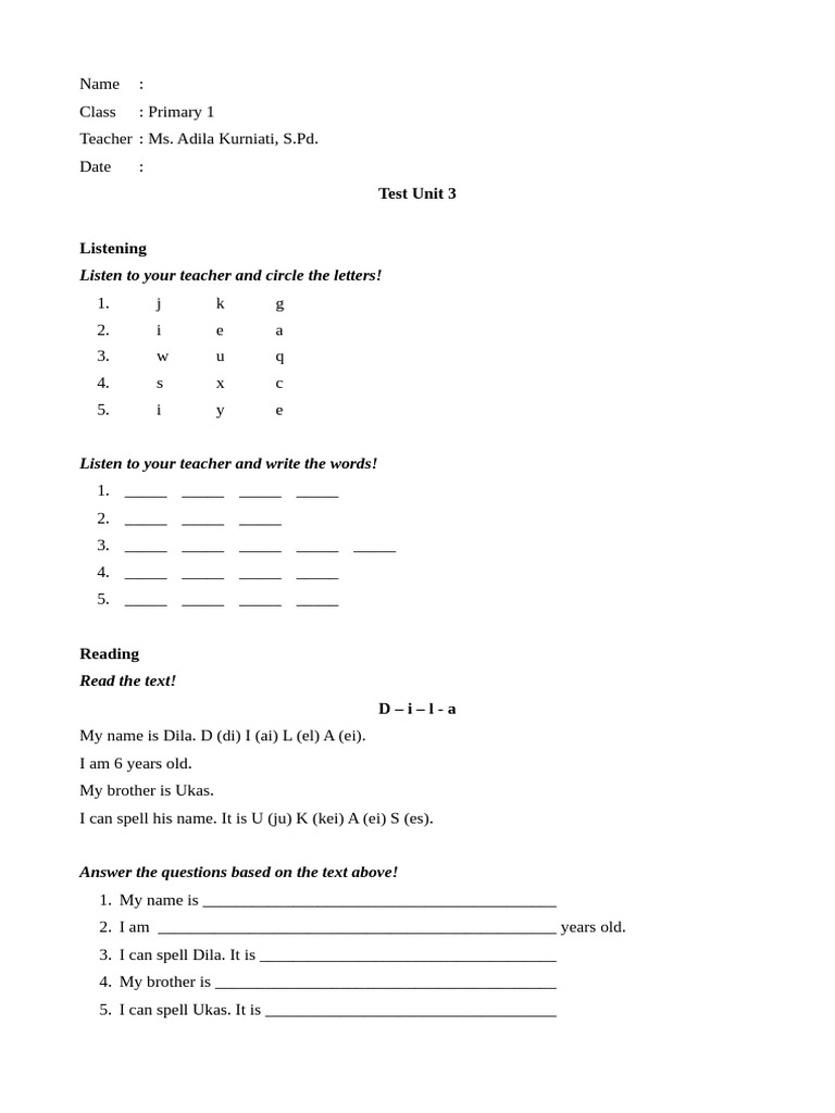 Test Unit 3 Ms Adila (Primary 1) | PDF
