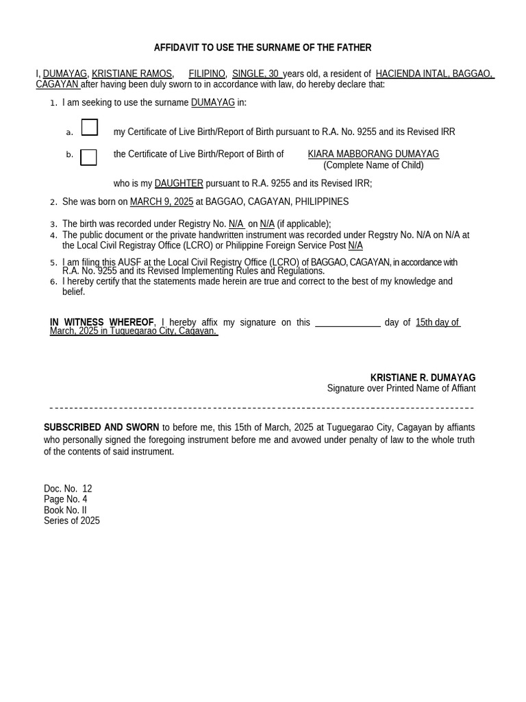 Affidavit To Use Surname of Father - FILLABLE | PDF