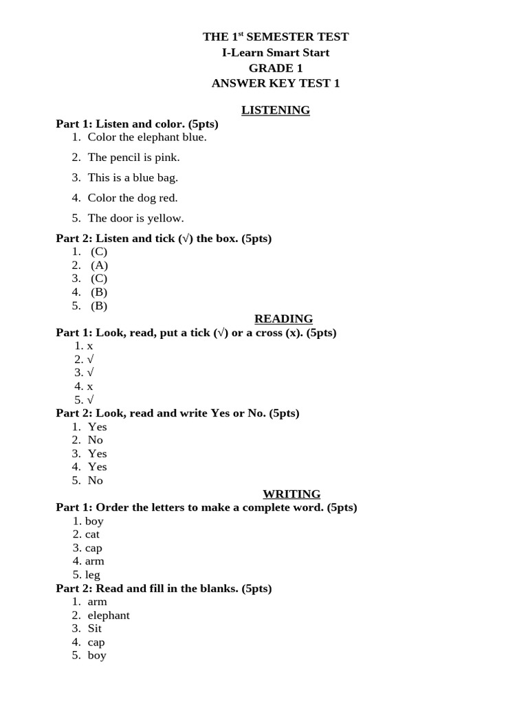 Grade 1 Semester Test Answer Key | PDF