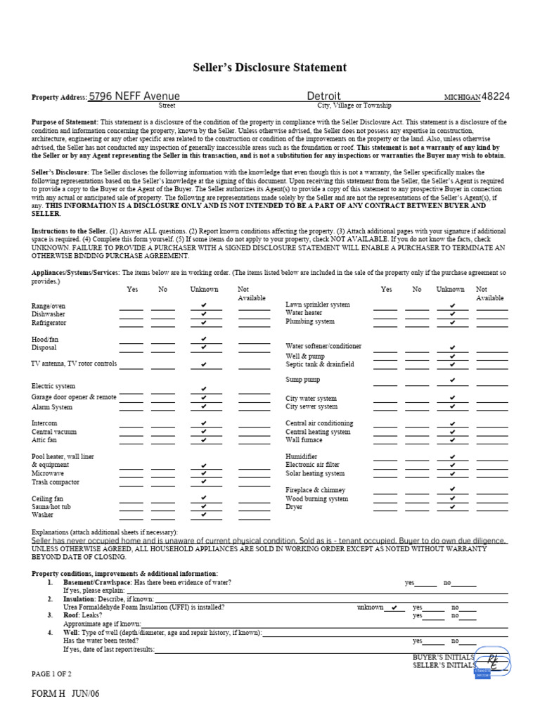 Copy From Matrix Listing Seller - S Disclosure Statement (Form H) | PDF ...