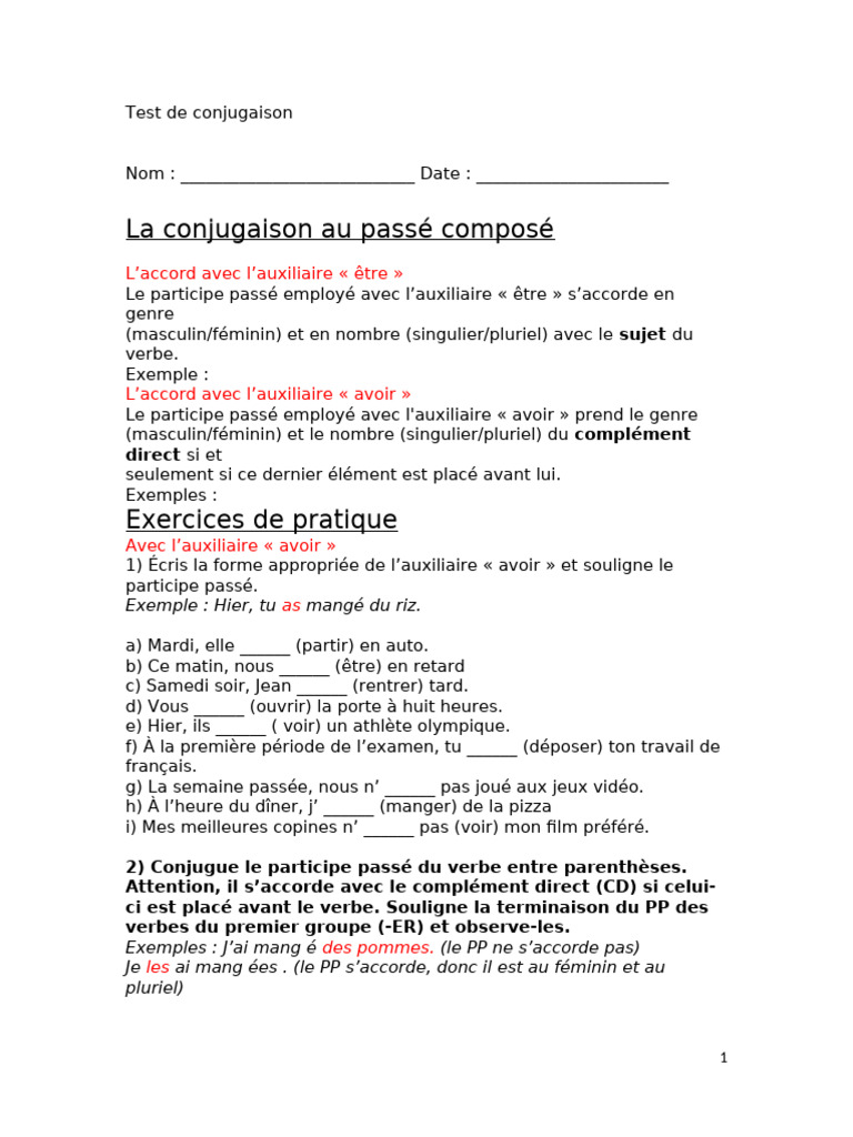 Conjugaison au Passé Composé | PDF | Nombre grammatical | Verbe
