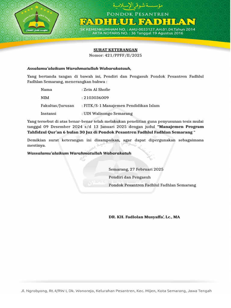 Surat Keterangan Penelitian Zein | PDF