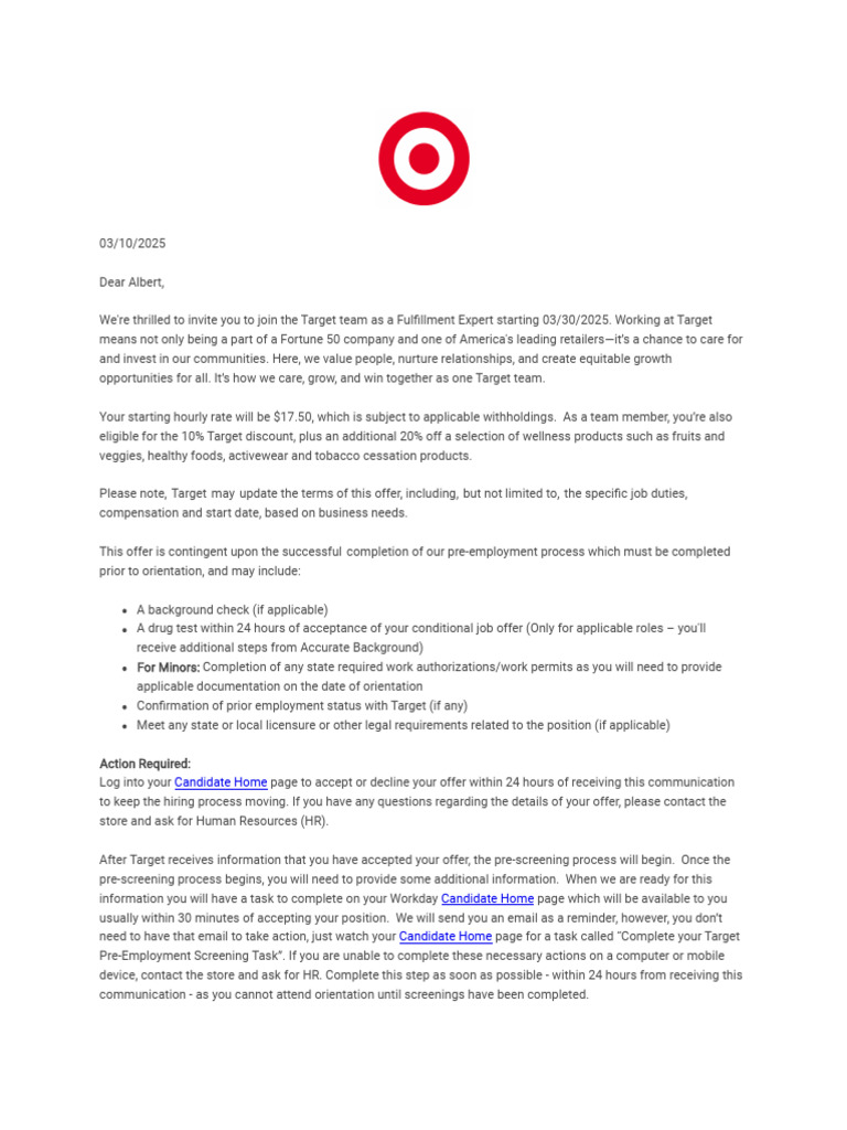 Target Fulfillment Expert Job Offer | PDF | Background Check