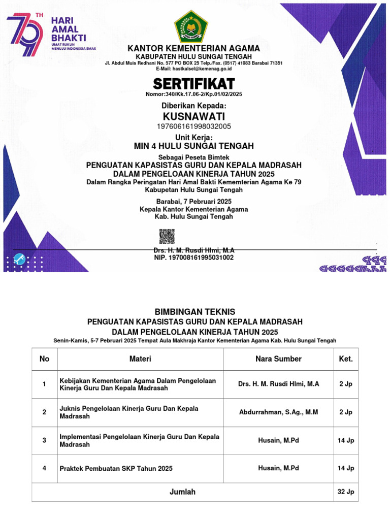 Sertifikat Bimtek Pengelolaan Kinerja 2025_KUSNAWATI TTE | PDF