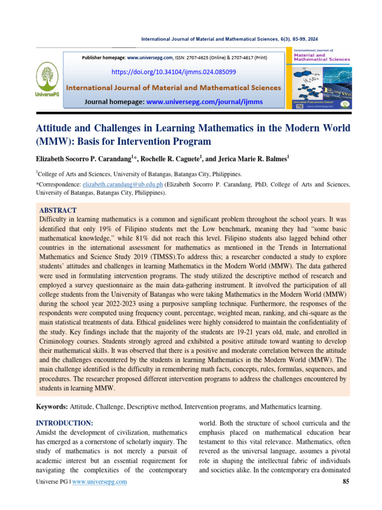 Carandang Attitude and Challenges in Learning Mathe-Matics in The Modern World (MMW) | PDF ...