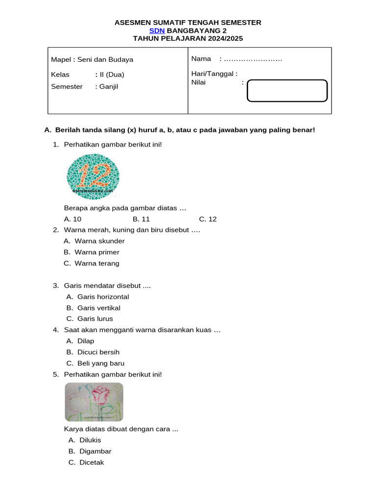 Soal STS 1 Seni Rupa Kelas 2 | PDF