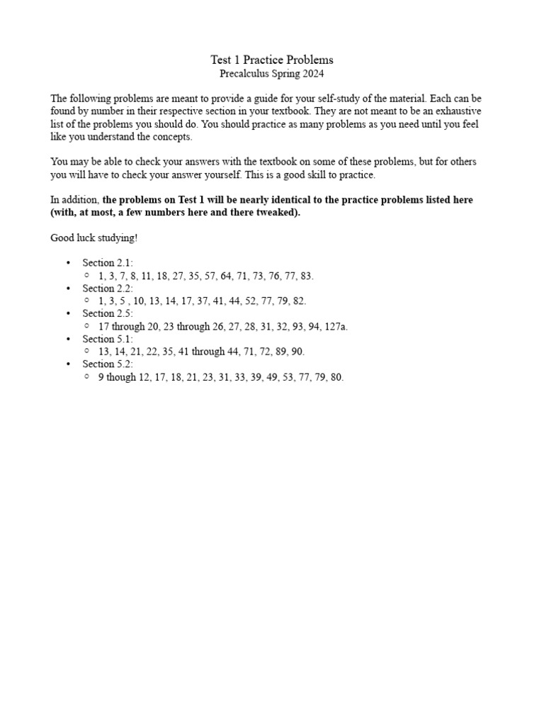 Practice Problems Test1 Spring 2024 | PDF