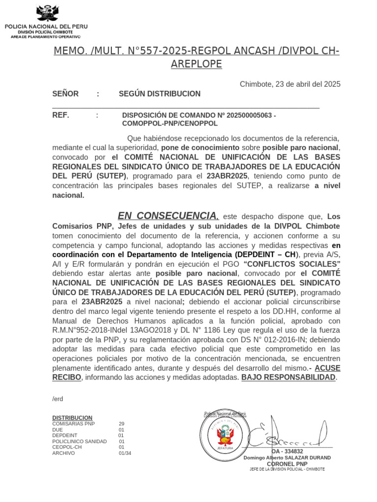 Memo - Mult N°557-2025, Posible Propuesta de Paro de Sutep 2025 | PDF | Gobierno