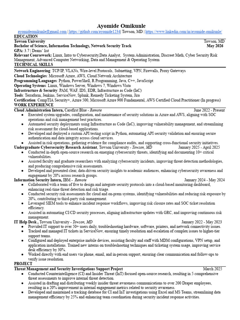 Ayomide Omikunle 2026 Resume | PDF | Computer Security | Security