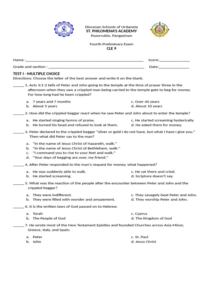 CLE 9 4th Preliminary Exam | PDF | Paul The Apostle | Early Christianity