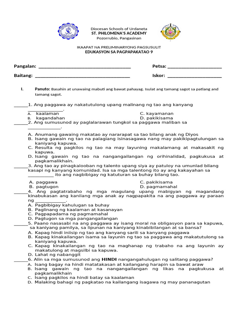 EsP 9 4th Preliminaryong Pagsusulit | PDF