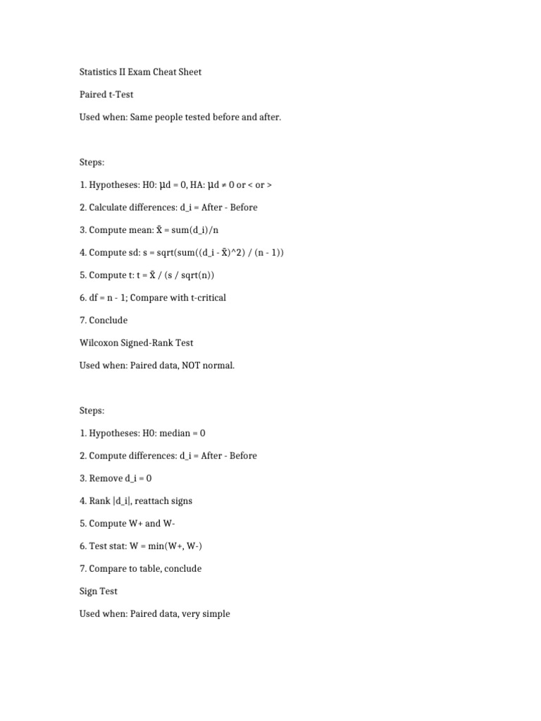 Statistics II Exam Cheat Sheet Guide | PDF | Chi Squared Distribution ...