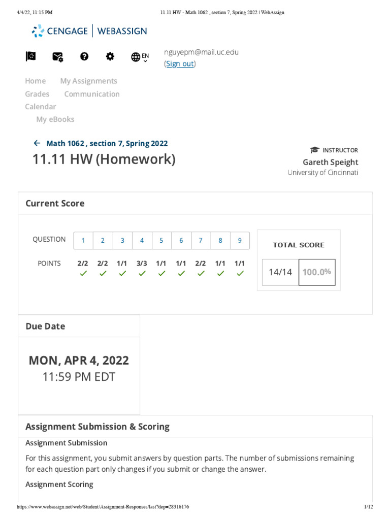 11.11 HW - Math 1062, Section 7, Spring 2022 - WebAssign | PDF ...