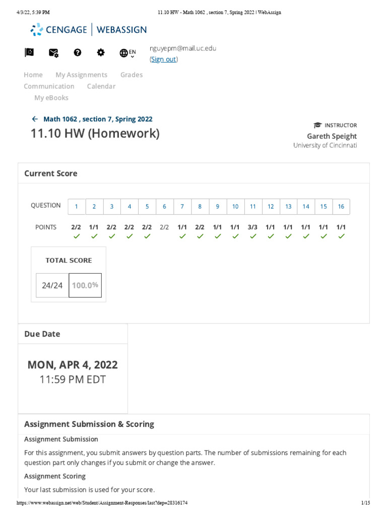 11.10 HW - Math 1062, Section 7, Spring 2022 - WebAssign | PDF ...