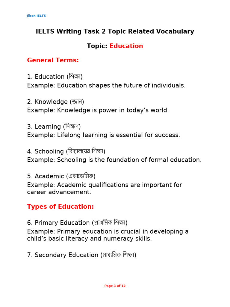 IELTS Writing Task 2: Education Vocabulary | PDF | Educational ...