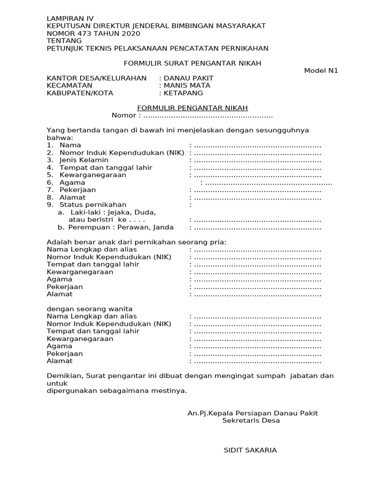 N1 Formulir Pengantar Nikah | PDF