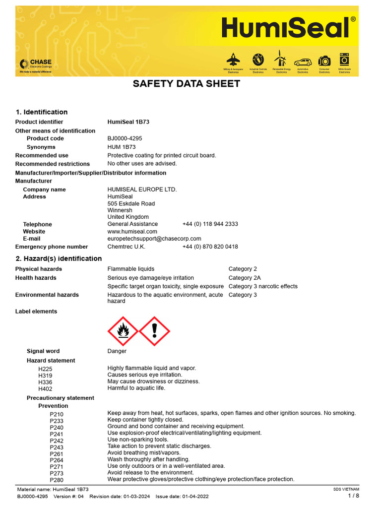 HumiSeal 1B73 Safety Data Sheet | PDF | Firefighting | Toxicity
