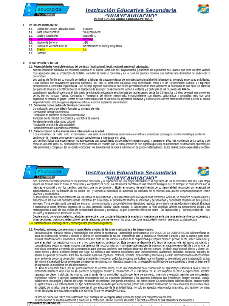 1º Planif. Anual e.f. 2º Grado _ Grupo 01 | PDF | Evaluación | Las emociones