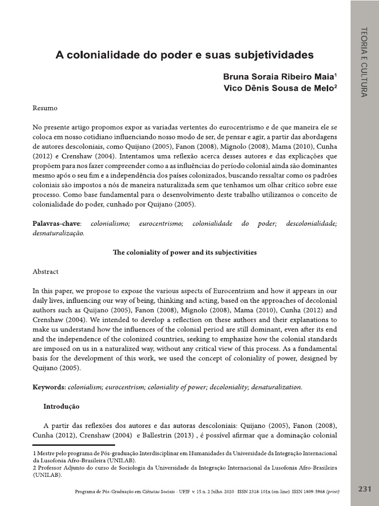 A Colonialidade Do Poder e As Suas Subjetividades | PDF