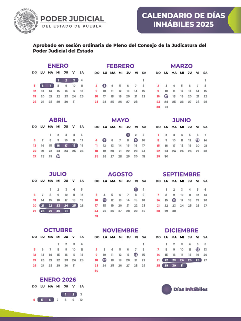 Carta CALENDARIO DE DÍAS INHÁBILES 2025 PODER JUDICIAL DEL ESTADO DE PUEBLA | PDF