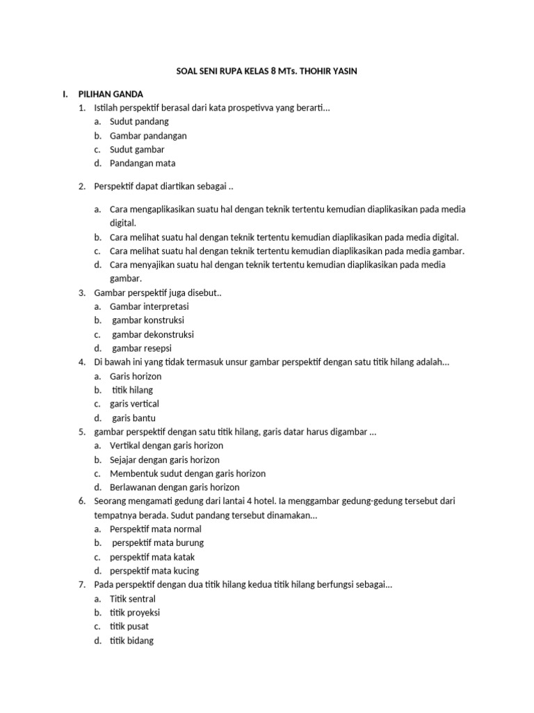 SOAL SENI RUPA KLS 8 SEMESTER 1 2024 | PDF
