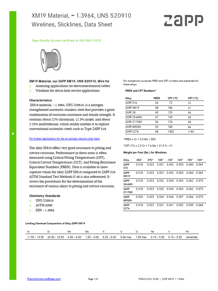 XM19 Material, 1.3964, UNS S20910 Wirelines, Slicklines, Data Sheet ...
