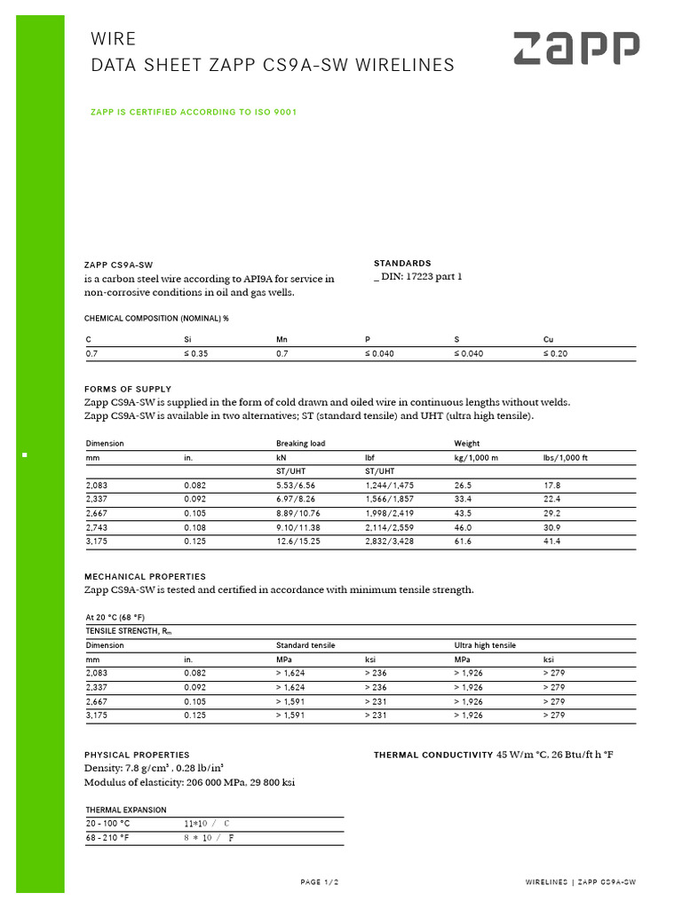 Zapp CS9A-SW Carbon Steel Wire Data | PDF | Mechanical Engineering ...