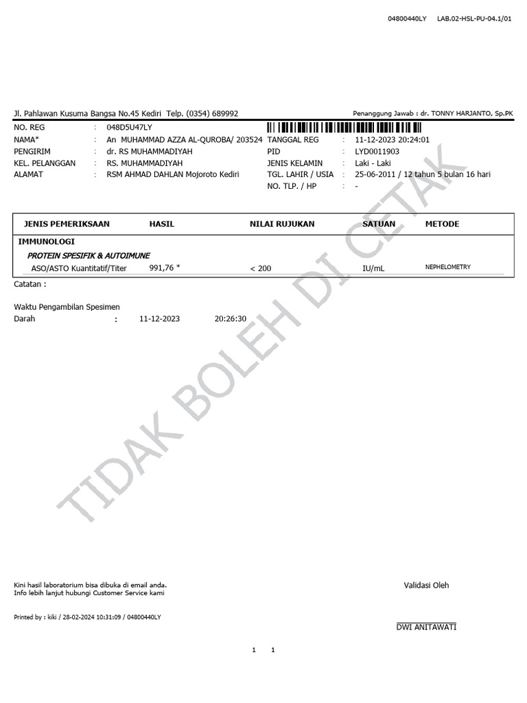 Hasil Lab ASO/ASTO Pasien 203524 | PDF