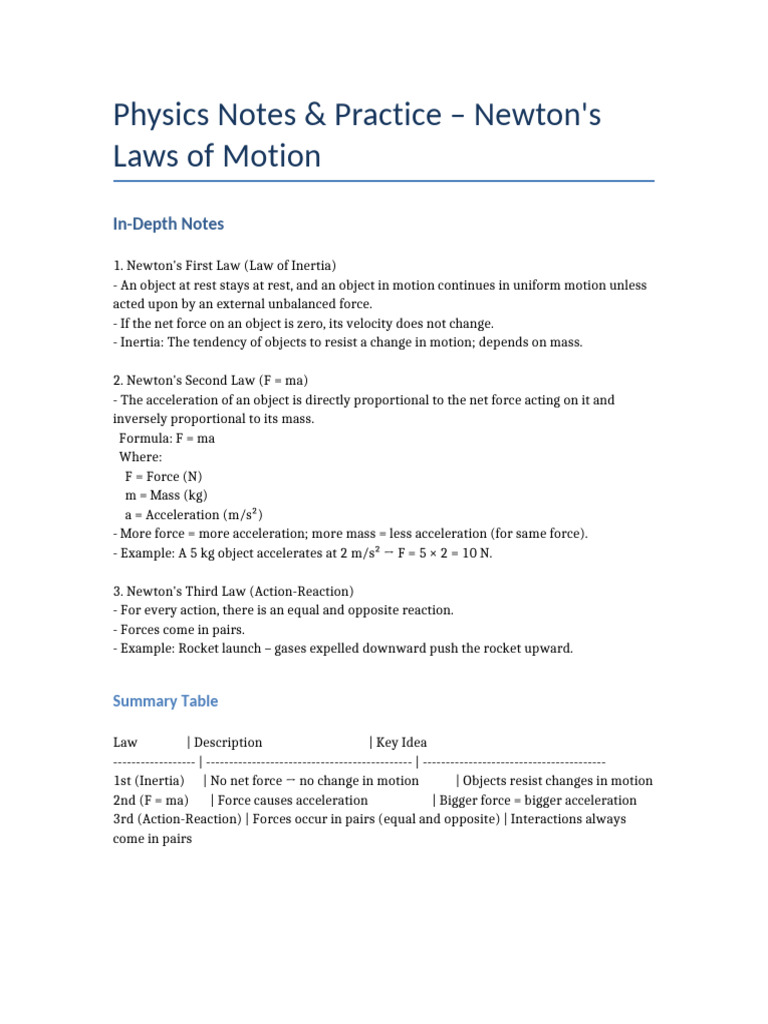 Newtons Laws of Motion Notes | PDF