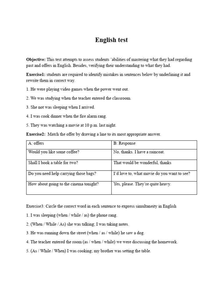 English Mastery Test: Past Tenses & Offers | PDF
