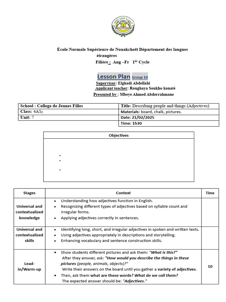 Lesson Plan Understanding Adjectives | PDF | Adjective | Cognition