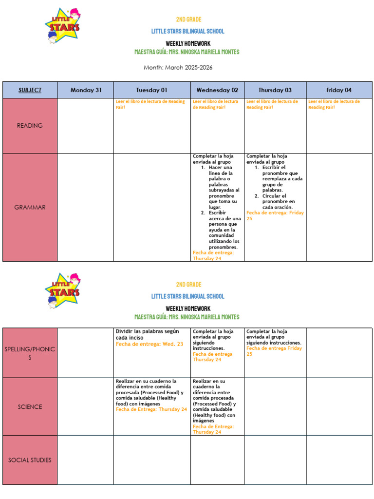 Cuadro de Tareas 2 Grado | PDF