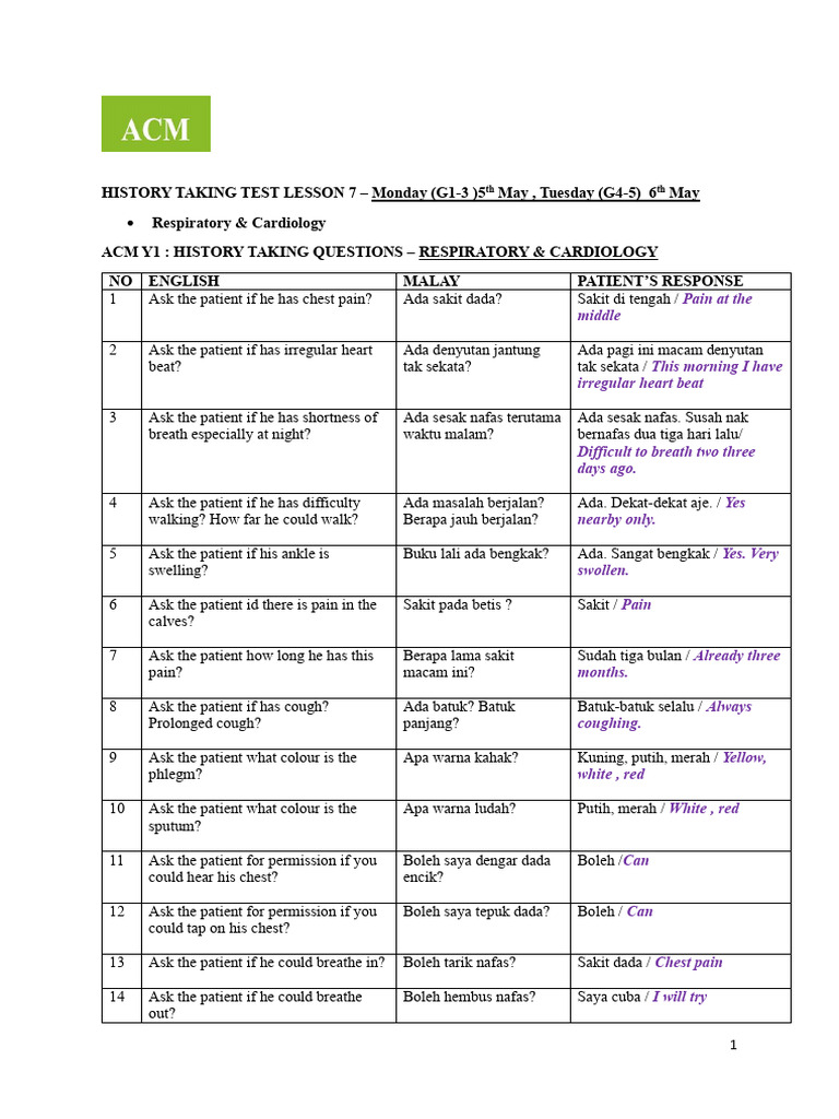 ACM Y1 History Taking Questions & Answer Cardio & Respi 2025 | PDF ...