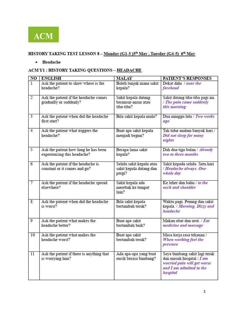 ACM Y1 History Taking Questions & Answer HEADACHE 2025 | PDF | Medicine ...