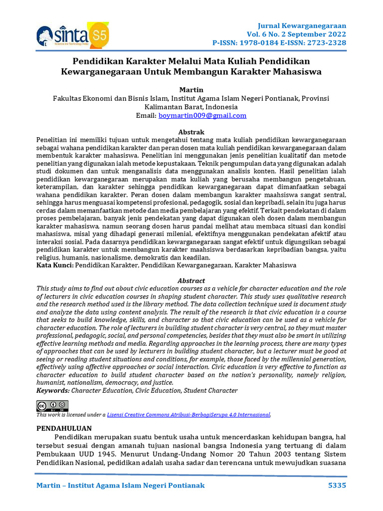 Pendidikan Karakter Melalui Mata Kuliah Pendidikan Kewarganegaraan Untuk Membangun Karakter ...
