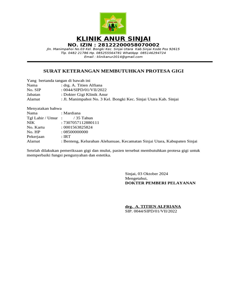 Surat Keterangan Protesa Gigi Sinjai | PDF