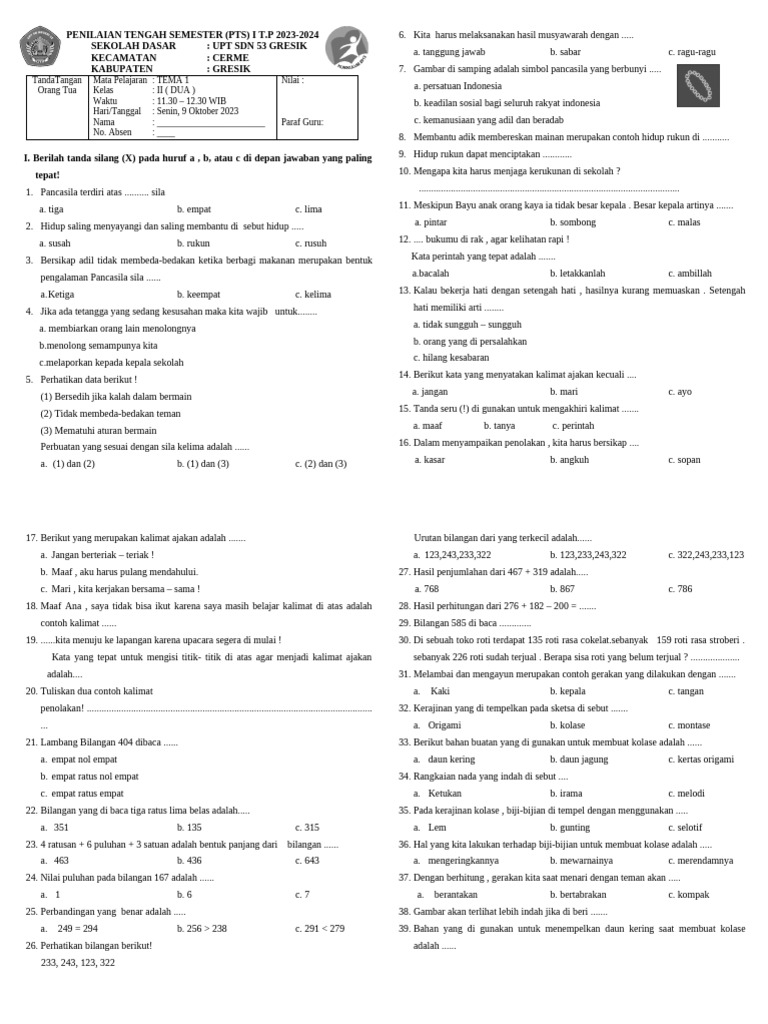PTS 1 KELAS 2 TEMA 1 | PDF