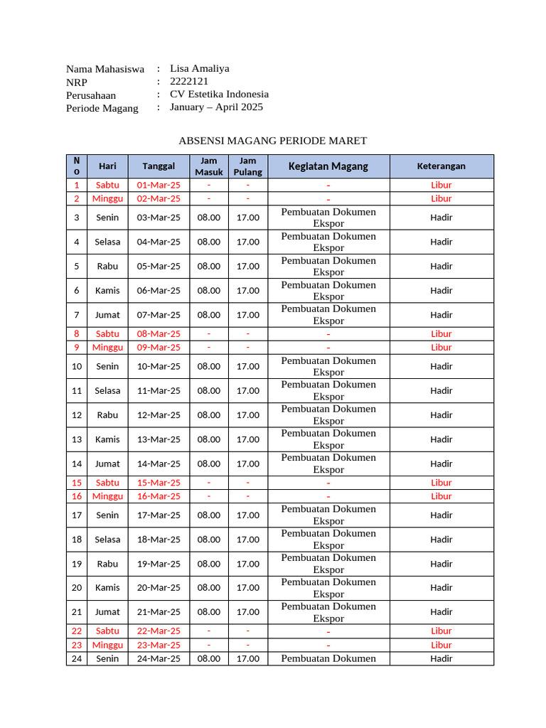 Laporan Absensi Magang Maret 2025 | PDF