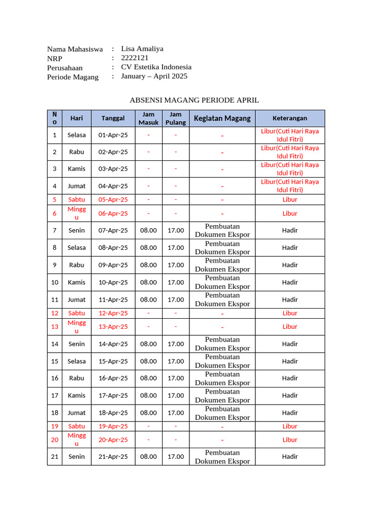 Absensi Magang CV Estetika Indonesia April | PDF