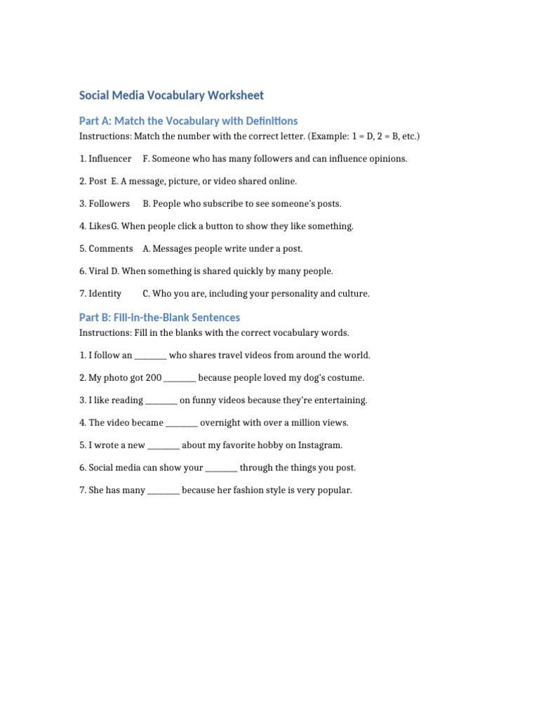 Social Media Vocabulary Worksheet | PDF